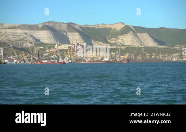 Large Russian port, cargo and oil terminal. The ship enters the port ...