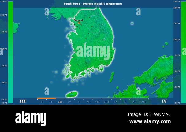 Average temperature by month in the South Korea area with animated legend - English labels ...