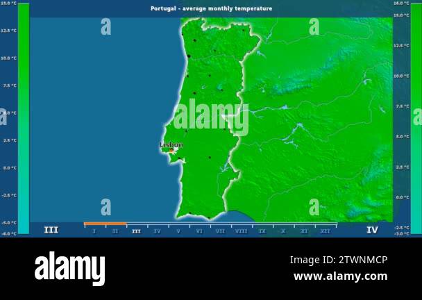 Average temperature by month in the Portugal area with animated legend - English labels: country ...