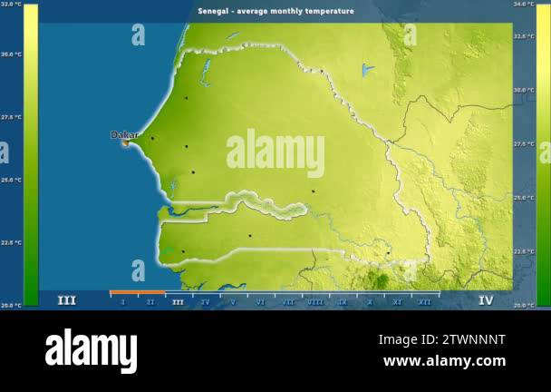 Average temperature by month in the Senegal area with animated legend - English labels: country ...