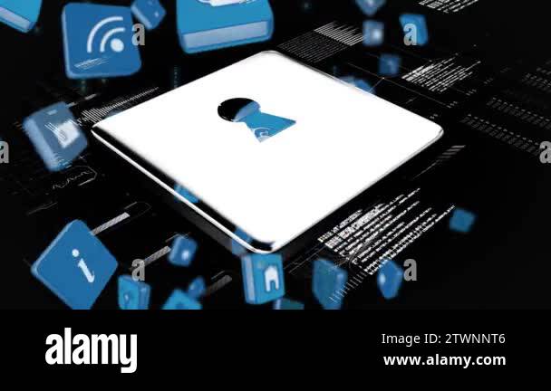 Digital animation of a silver lock in a futuristic interface with graphs and program codes ...