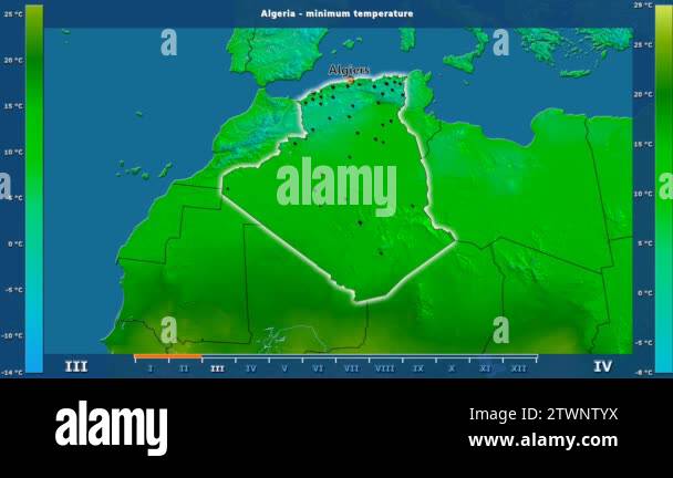 Minimum temperature by month in the Algeria area with animated legend ...