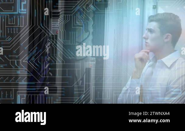 Animation of a Caucasian man seen waist up, side on, looking at cables ...