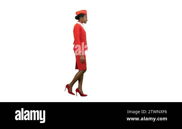 Stewardess goes and welcomes those around her. Alpha channel. Side view ...