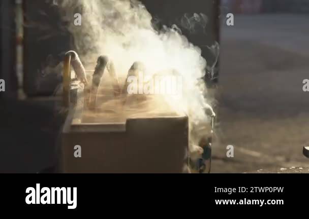 Gas condensation through liquid nitrogen. Freezing substance Stock ...