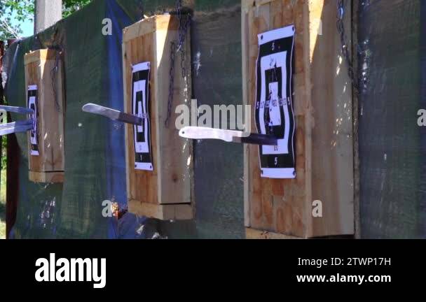 Throwing knives at the target from an open-air distance, a competition ...