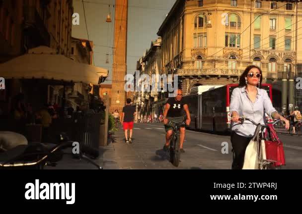 Bologna, Italy - circa 2018: Via Rizzoli street view with famous Two ...