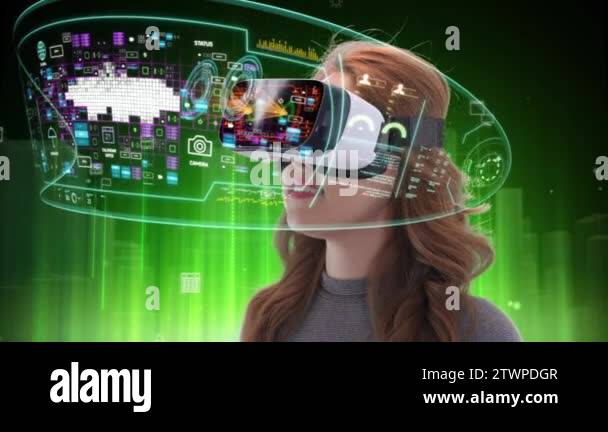 Young attractive Asian female uses futuristic virtual reality headset to access holographic ...