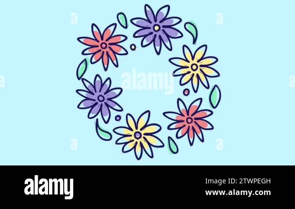 Stop motion animation with round floral wreath, growing nature on blue ...
