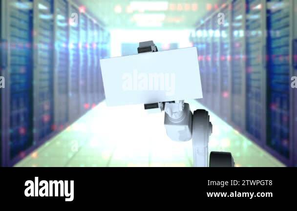 Digitally generated video of robotic arm holding card with diagram of ...
