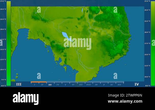 Minimum temperature by month in the Cambodia area with animated legend ...