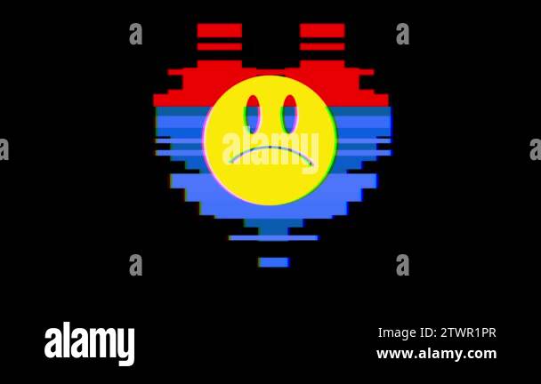 pixel heart with sad angry smile face symbol glitch interference screen ...