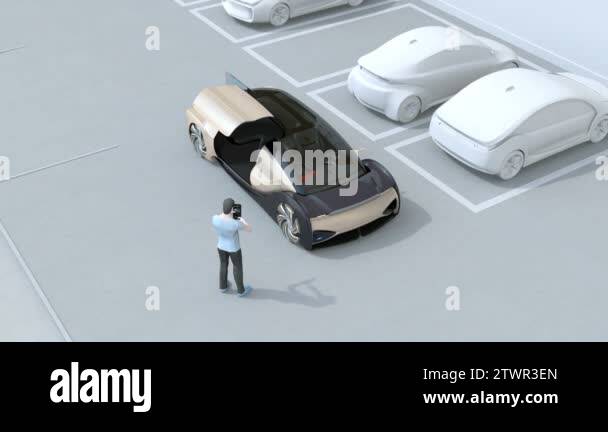 Man using smartphone to remote control car parking. Self parking system ...