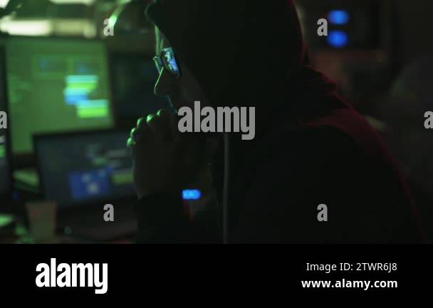 Hacker With Hoodie Working With Multiple Screens And Hacking Systems 3510