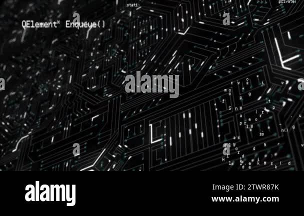 Digital animation of program codes moving in the screen while background shows black digital ...