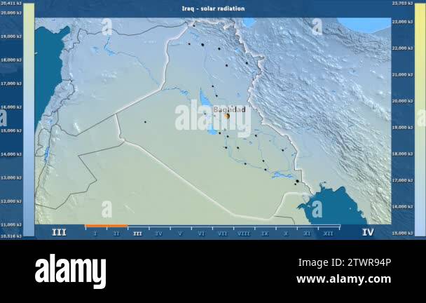Solar radiation by month in the Iraq area with animated legend ...