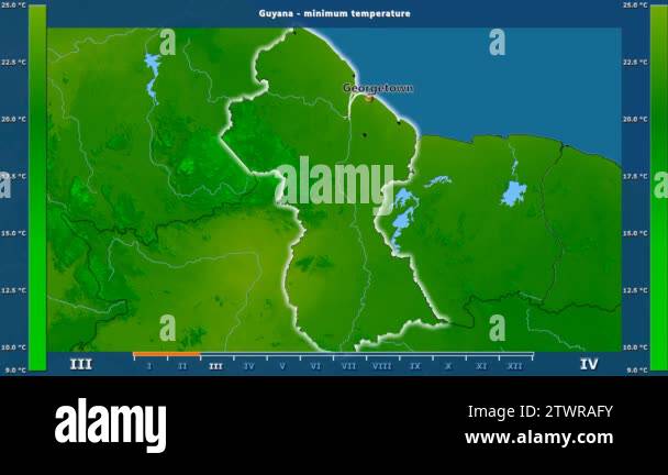 Minimum temperature by month in the Guyana area with animated legend - English labels: country ...