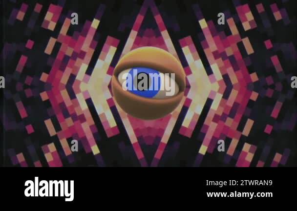 retro VHS TV eye in pixel energy system looking around background intro ...