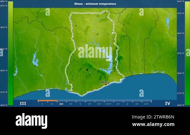 Minimum temperature by month in the Ghana area with animated legend ...