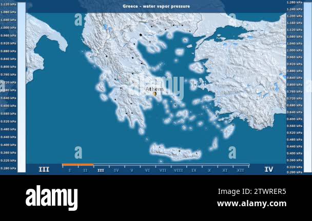Water vapor pressure by month in the Greece area with animated legend ...