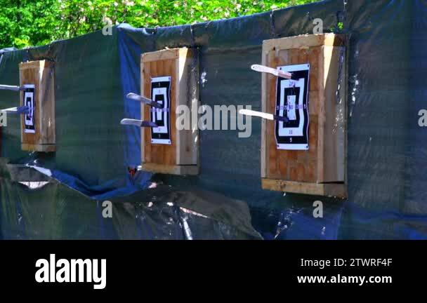 Throwing knives at the target from an open-air distance, a competition ...