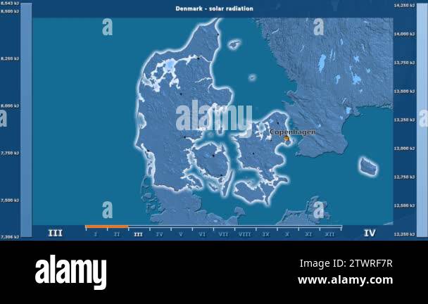 Solar radiation by month in the Denmark area with animated legend ...