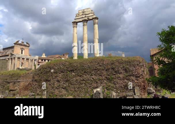 Rome, view and details of the ruins of the Roman Forum which together ...