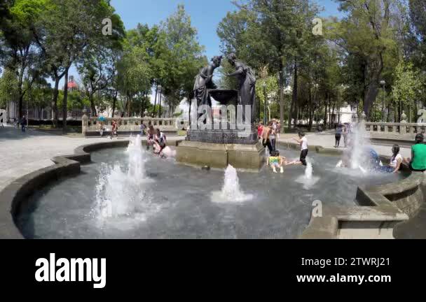 Mexico City, Mexico-June 2019: Children playing in the fountain of "Las ...