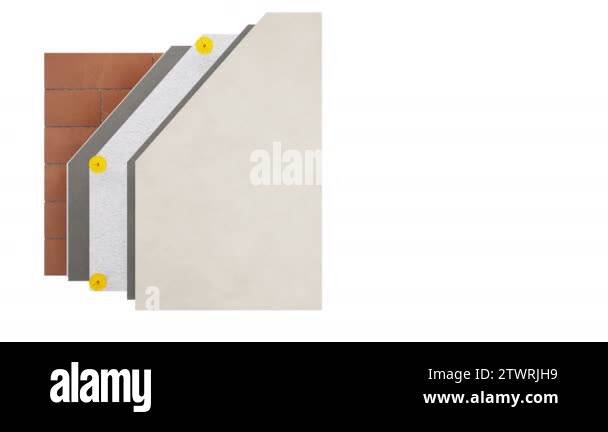 Cross section of wall: bricks or blocks, primer, glue, foam, plaster ...