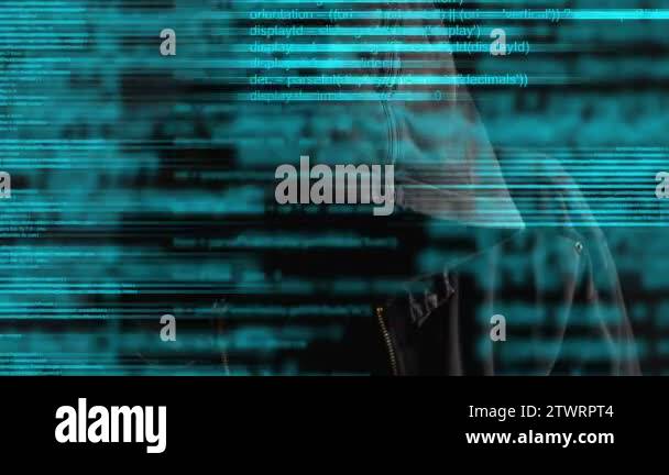 Faceless hooded anonymous computer hacker with programming code from ... Faceless hooded anonymous computer hacker with programming code from ...