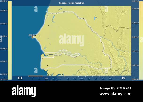 Solar radiation by month in the Senegal area with animated legend ...