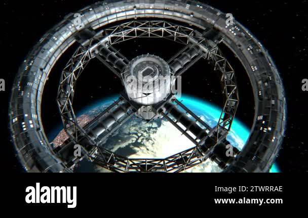 Giant sci-fi torus. Circular space station rotate on Earth background ...