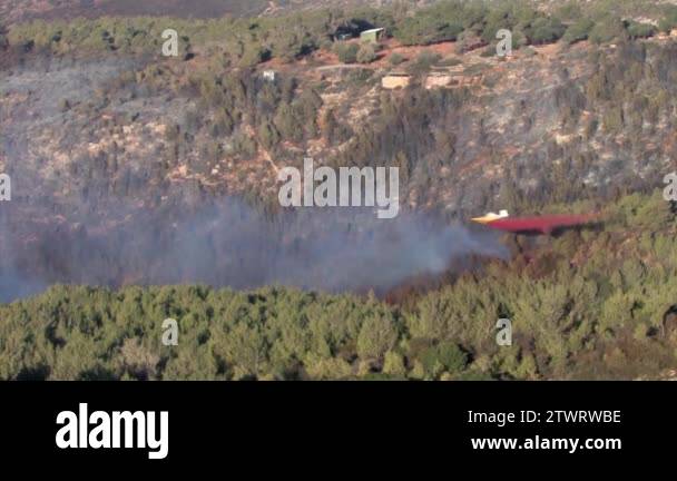 Fire fighting plane spraying fire extinguisher on burning forest, Mount ...