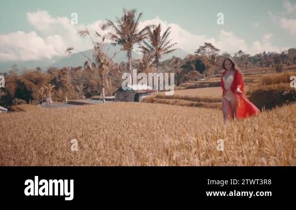 Beautiful woman in rice fields / Beautiful young woman in red ...