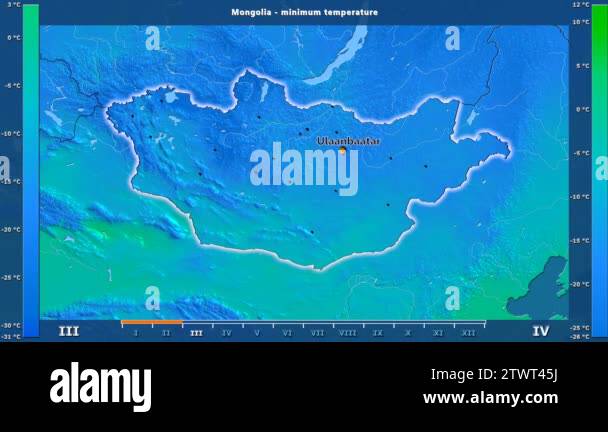 Minimum temperature by month in the Mongolia area with animated legend ...