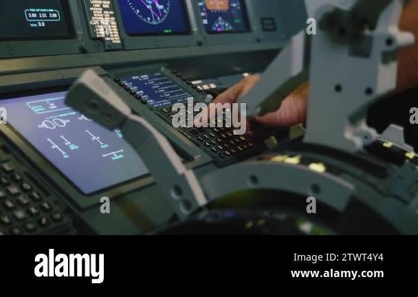Panel of switches on an aircraft flight deck. Pilot controls the ...