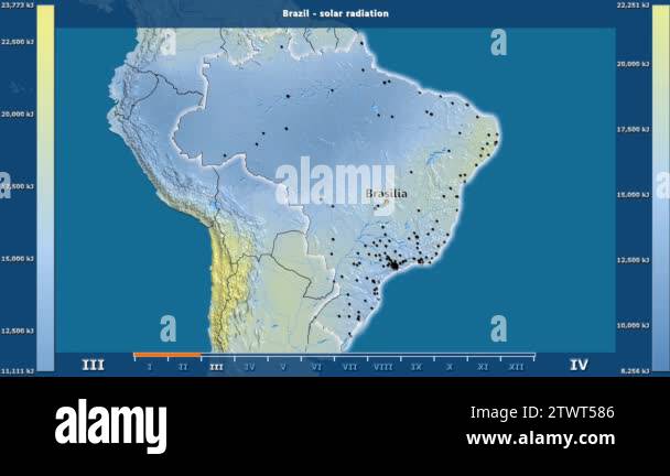 Solar radiation by month in the Brazil area with animated legend ...