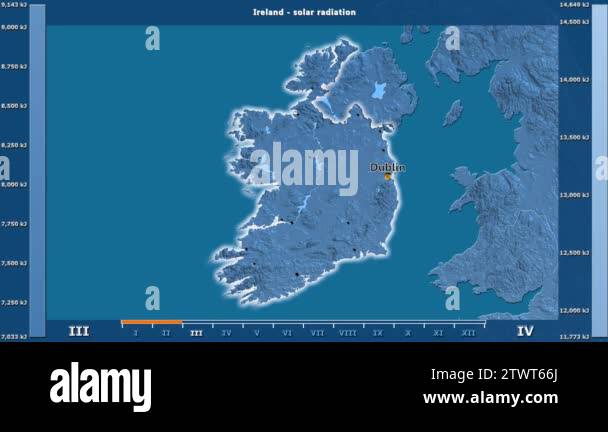 Solar radiation by month in the Ireland area with animated legend ...