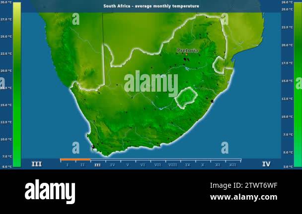 Average temperature by month in the South Africa area with animated legend - English labels ...