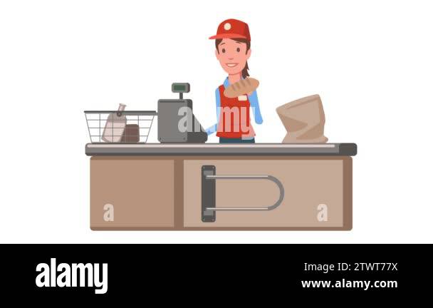 Cashier lady at the supermarket checkout counter. Grocery store ...