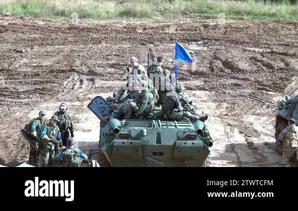 Squad of strikeball team with machine submachine guns on panze Stock ...