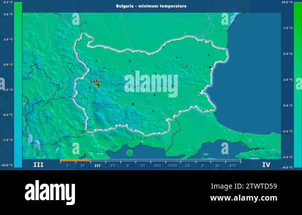 Minimum temperature by month in the Bulgaria area with animated legend ...