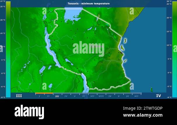 Minimum temperature by month in the Tanzania area with animated legend - English labels: country ...