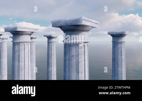 Ancient tuscan order columns in a row among open sea. Close up view of ...