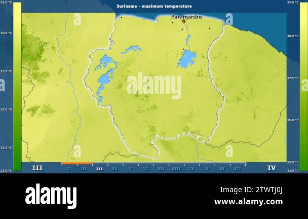 Maximum temperature by month in the Suriname area with animated legend ...