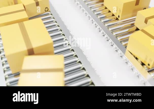 Cardboard boxes progresses along conveyor belt loopable animation ...