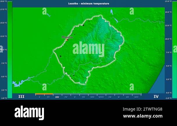 Minimum temperature by month in the Lesotho area with animated legend ...