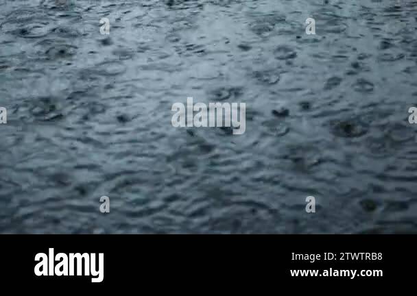 Rain drops fall on water surface of pond, lake or river forming a ...