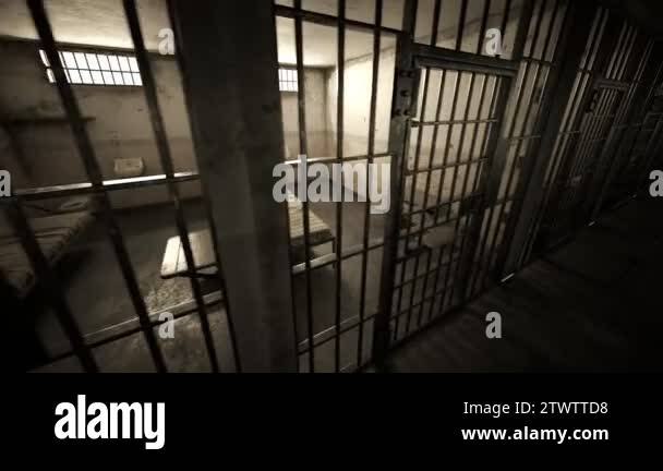 Loopable cinematic animation of interior corridor with multiple prison ...