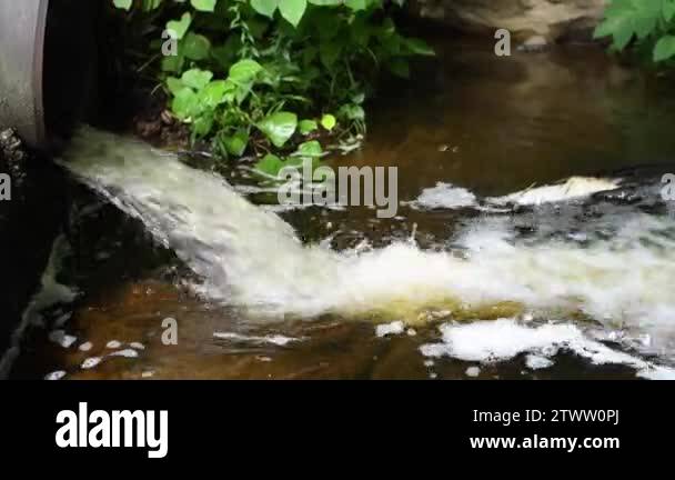 Dirty water flows from a pipe in river. Pipe expelling dirty and ...